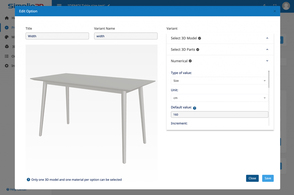 3D Table Configurator Software - Simplio3D